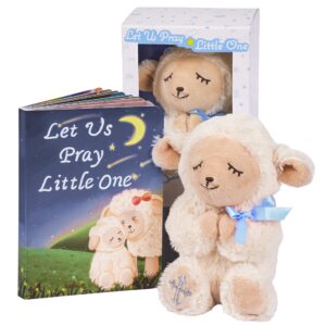 mymatezoe baptism gifts for boys, great christening, dedication and baptism gift set for boys and newborn baby, includes 7" praying lamb plush toy and let us pray baby book in keepsake gift box