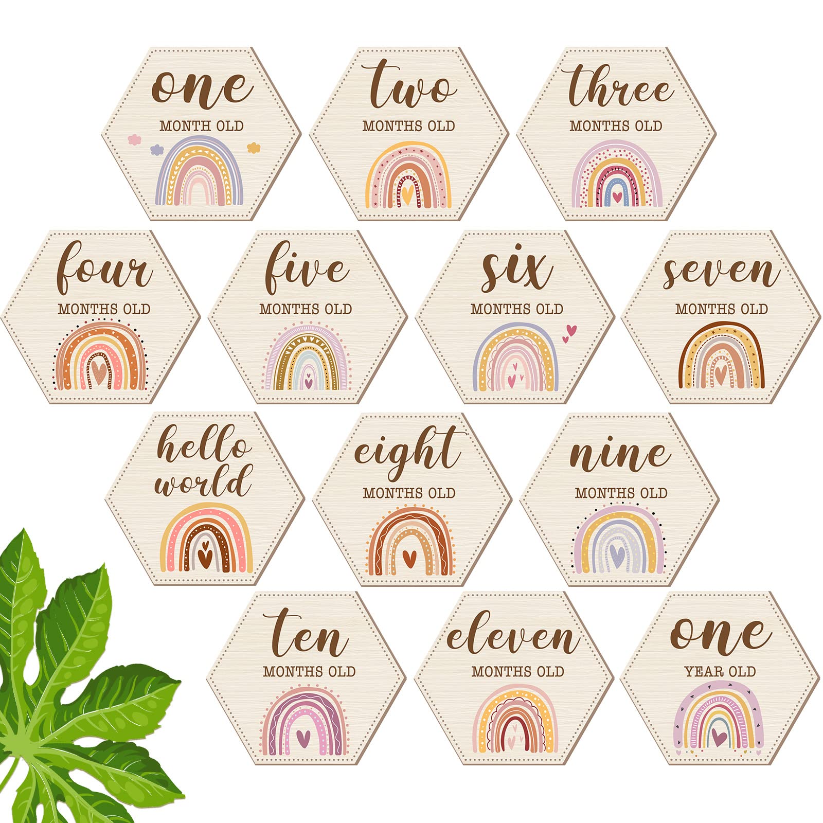 13 Pcs Wooden Baby Shower Milestone Blocks Cards Wood Baby Shower Month Signs Discs Boho Double Side Print Marker Gift Photo Prop Disc Set Birth Announcement for Baby Shower Newborn(Rainbow)