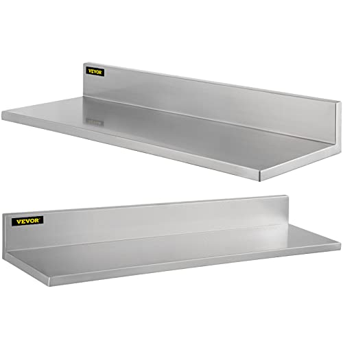 VEVOR Stainless Steel Wall Shelf, 8.6'' x 24'', 44 lbs Load Heavy Duty Commercial Wall Mount Shelving w/Backsplash for Restaurant, Home, Kitchen, Hotel, Laundry Room, Bar (2 Packs)