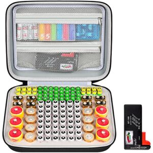 battery organizer storage case, 118+ batteries carrying holder container box double mesh pockets for aa aaa 9v c d with bt-168 battery tester (batteries are not included)