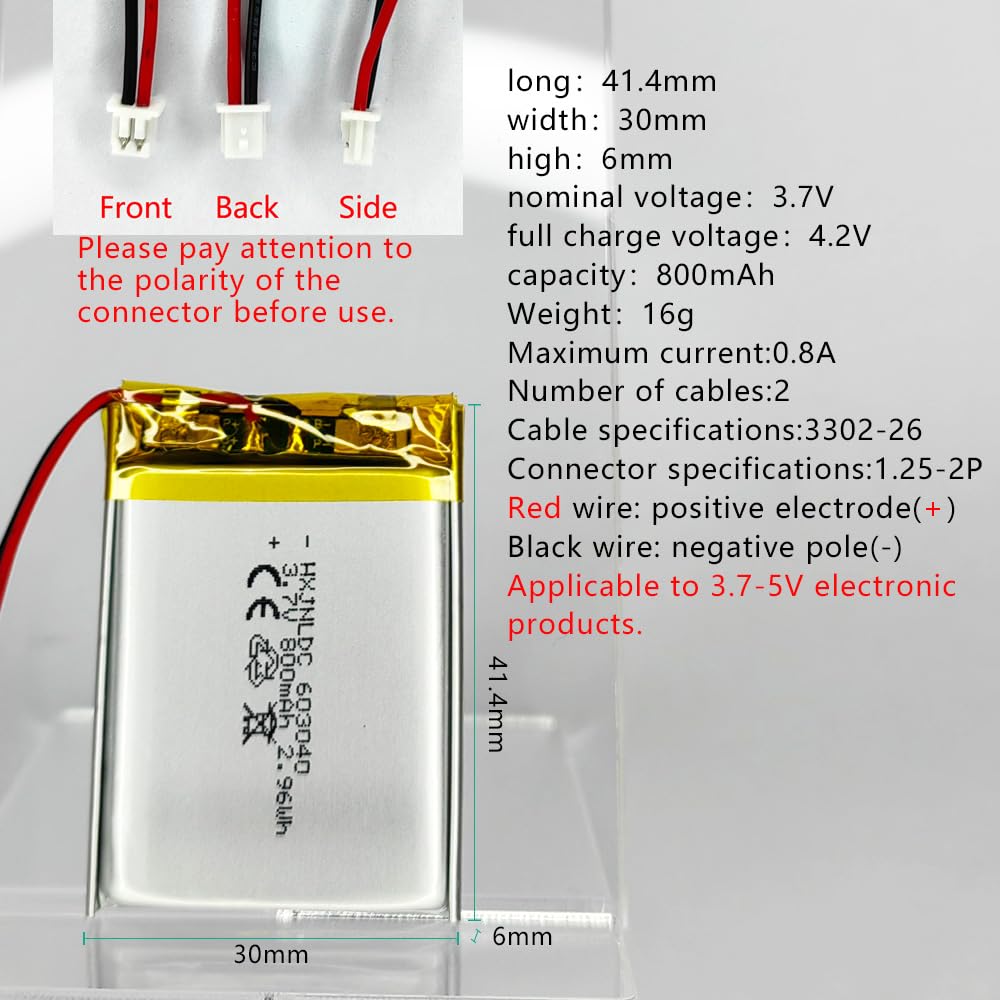 HXJNLDC DC 3.7V 800mAh 603040 Rechargeable Lithium Polymer Replacement Battery for DIY 3.7-5V Electronic Product