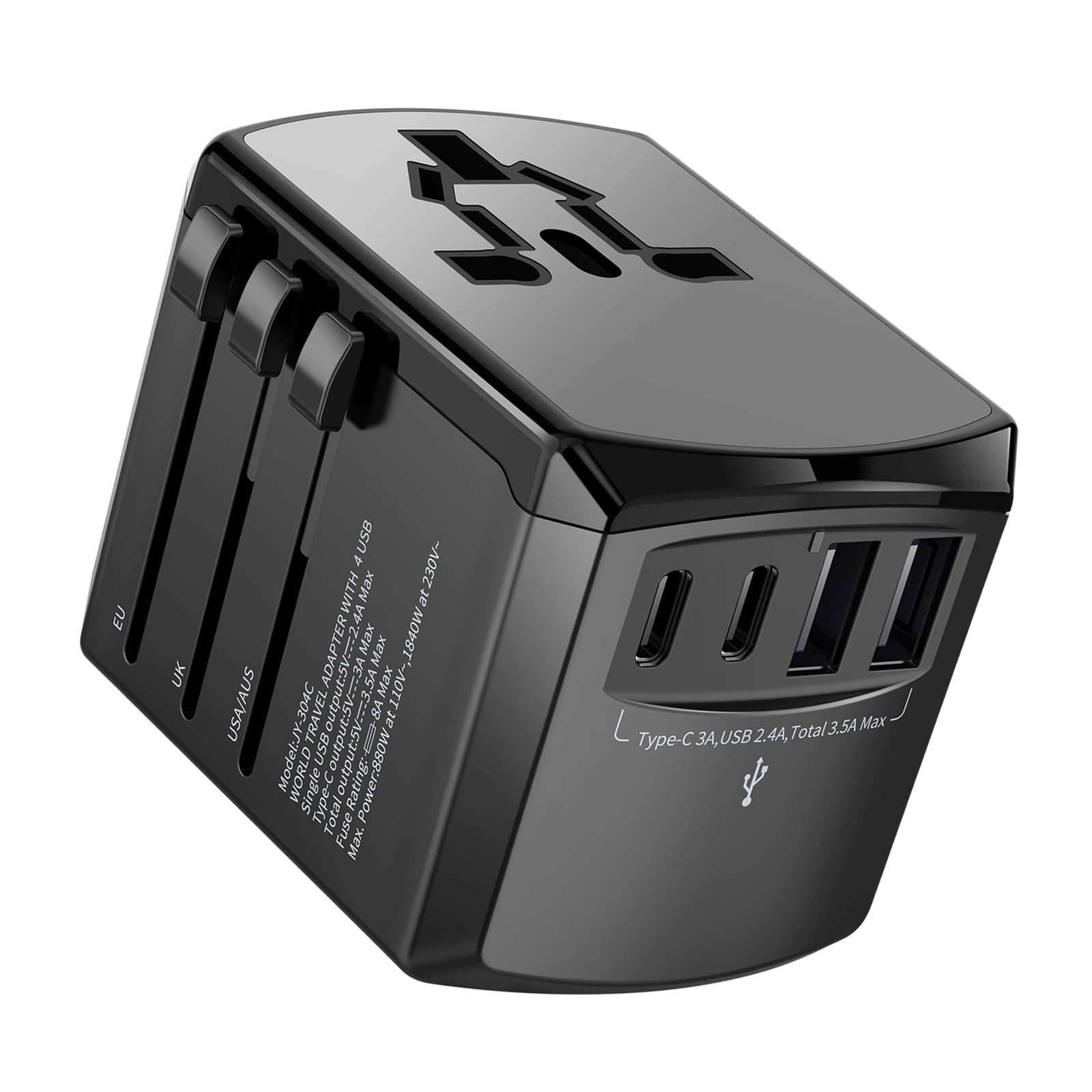 International European Travel Plug Adapter - Universal Travel Plug Adapter Wall Charger for US EU UK Europe Spain Australia Switzerland Ireland Italy Worldwide 2 Type-A and 2 Type-C Black