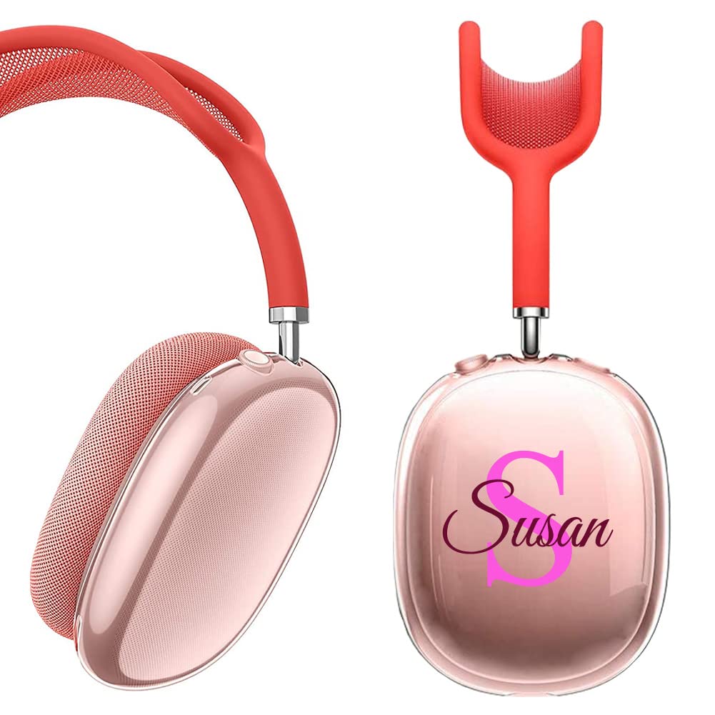 Custom Name & Initial Crystal Clear Case for Apple AirPod Max，Thin Customized Signature Transparent Protective Ear Cup Covers (Clear Pink)