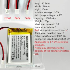 HXJNLDC DC 3.7V 1300mAh 103040 Rechargeable Lithium Polymer Replacement Battery for DIY 3.7-5V Electronic Product