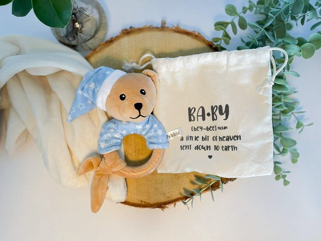 Baby Wooden Rattle Teething Ring, Baby Rattles 0-6 Months, Baby Montessori Newborn Toys, Stuffed Animal Gift for Baby Boy, Baby Teddy Bear (Blue)