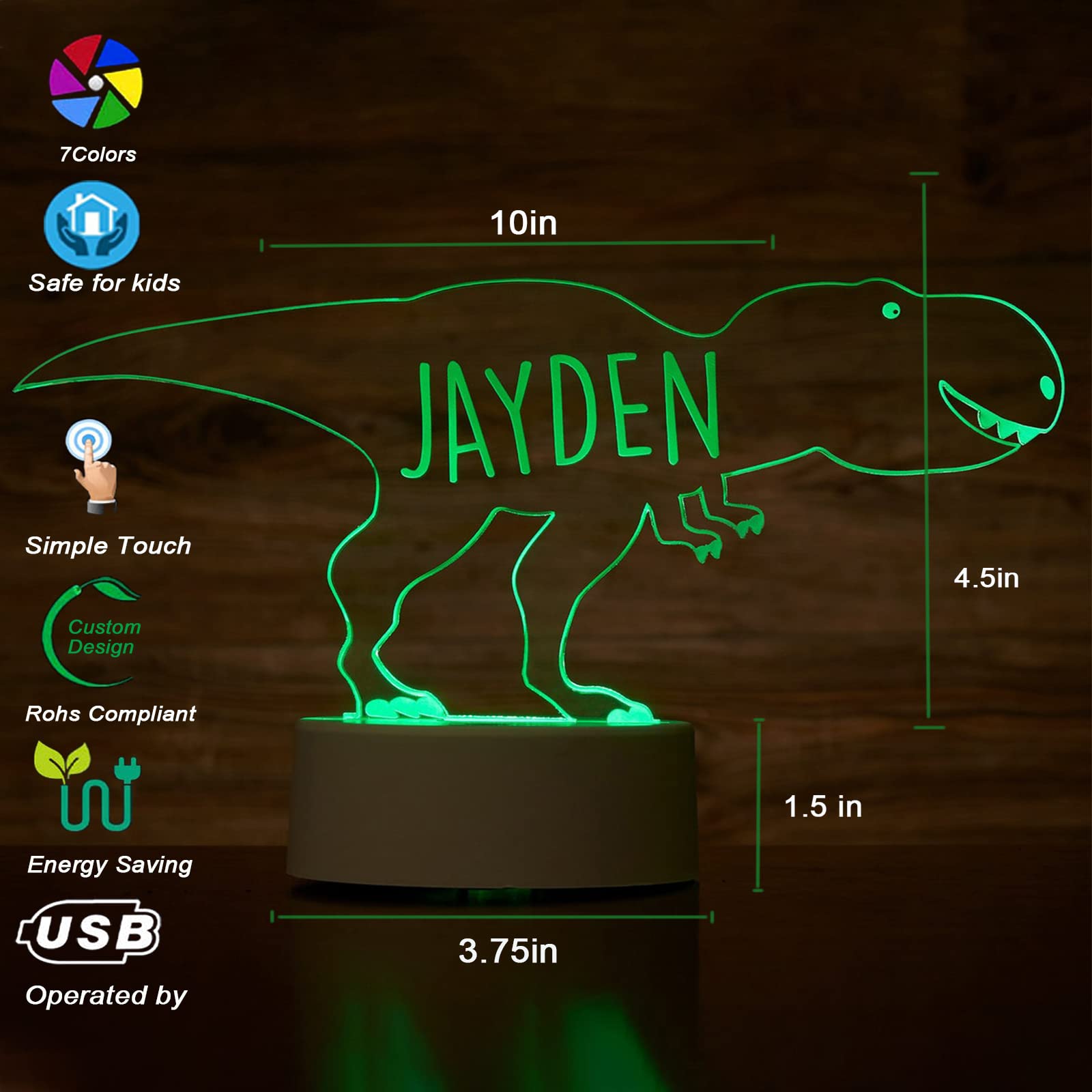 Night Light for Kids Room, Personalized Dinosaur Room Decor for Boys, Night Light for kids Touch Controls and USB Charging Creative Kids Bedroom Bedside Lamp Decoration Birthday Gift for Boys and Girl