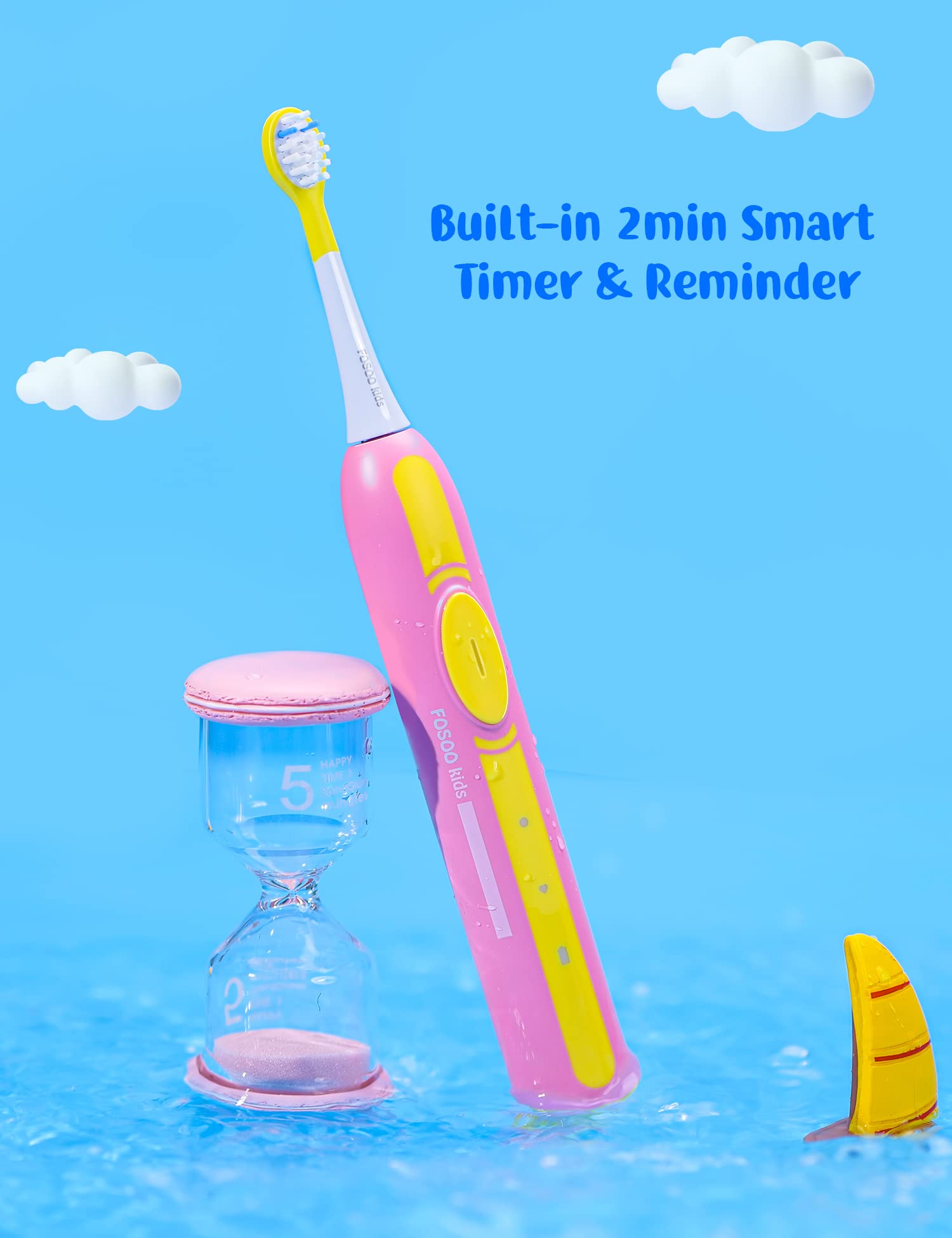 FOSOO Kids Electric Toothbrushes, Electric Toothbrush Kids Sonic Rechargeable 180 Days Battery Life,2 Modes with Memory,IPX7 Waterproof,2 Minutes Built-in Smart Timer for Ages 3+,4 Brush Heads (Pink)