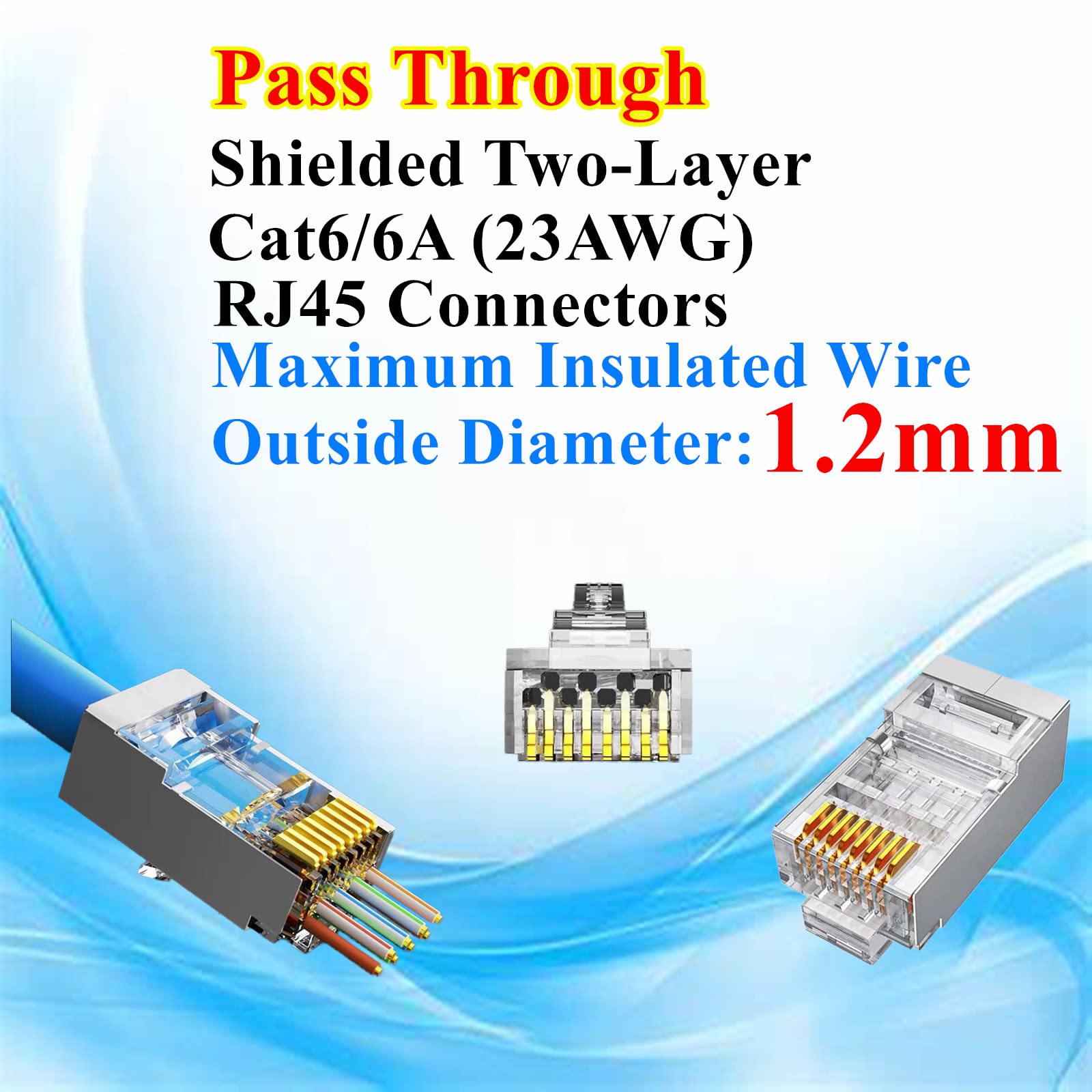 Gaobige 100-Pack Cat6 Cat6A RJ45 Pass Through Connectors Ends, Shielded RJ45 Connectors for 23AWG Cat6 Shielded Solid Wire and Standard Cable 100 Pack (1.2mm Shielded Cat6 Pass Through Connector)