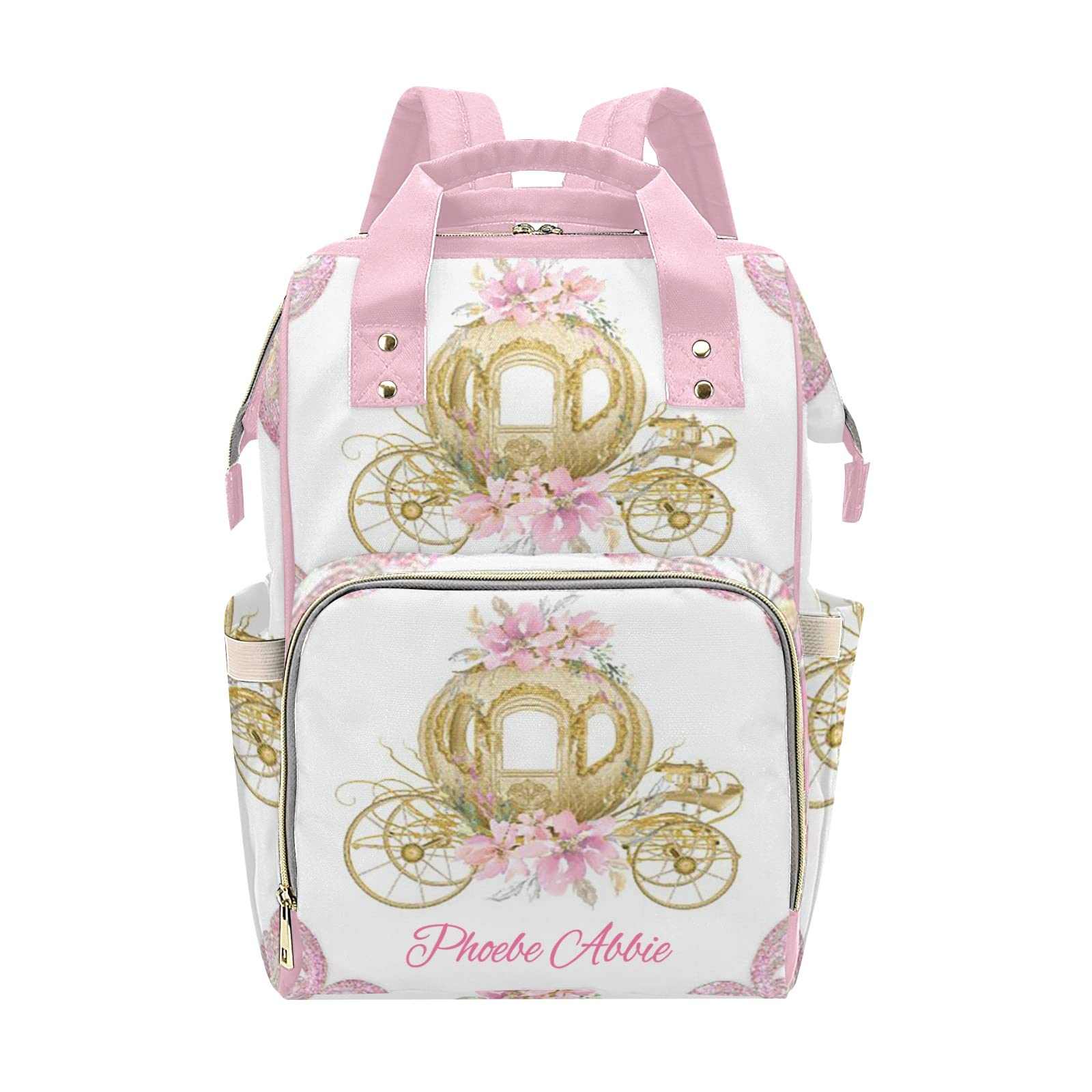 Pink Gold Car Floral Personalized Diaper Backpack with Name,Custom Travel DayPack for Nappy Mommy Nursing Baby Bag One Size