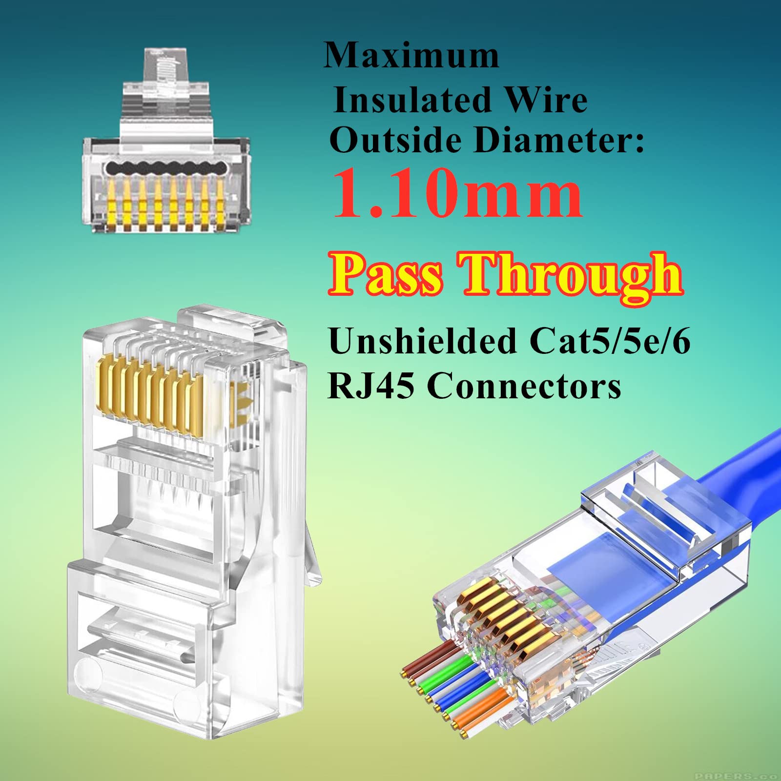 Gaobige 100-PACK RJ45 Pass Through Connectors, RJ45 Ends, Cat5 Cat5e Cat6 RJ45 Connectors for Solid Wire and Standard Cable - 100 Pack (1.1mm UnShielded RJ45 Pass Through Connector)