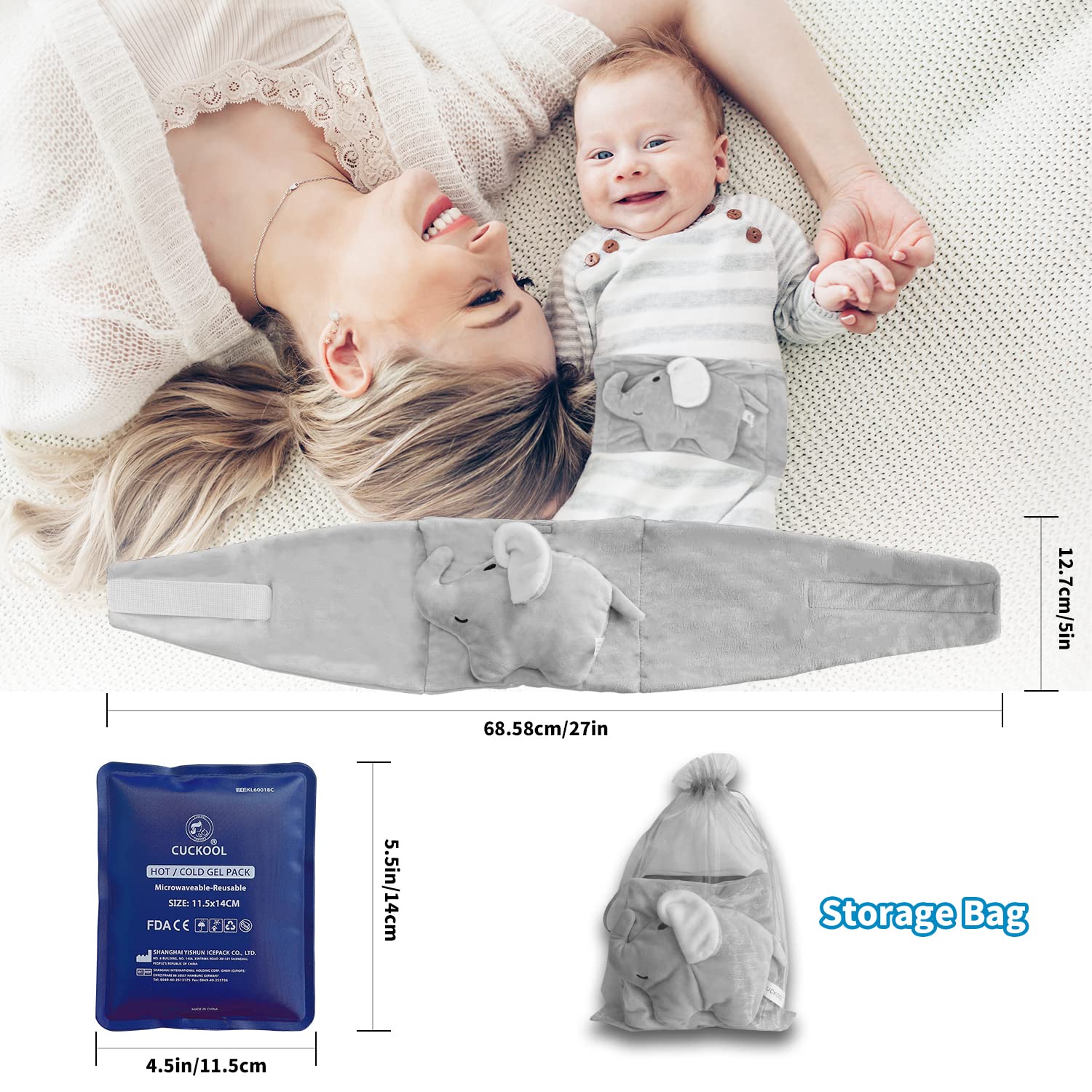 Baby Colic and Gas Relief, Heated Tummy Wrap for Newborns Belly Relief by Soothing Warmth, Baby Heating Pad Swaddling Belt Relief & Soothe Gas, Colic and Upset Stomach (Elephant)