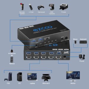 USB 3.0 KVM Switch HDMI 4 Computer 1 Monitor 8K 4K 120Hz VRR G/Sync HDCP Bypass Atmos IR Remote - 4X USB3.0 Cable, HotKey for USB 1.0 Keyboard Mouse Printer, IR Extend Windows Mac 41KVM8K