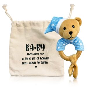 baby wooden rattle teething ring, baby rattles 0-6 months, baby montessori newborn toys, stuffed animal gift for baby boy, baby teddy bear (blue)