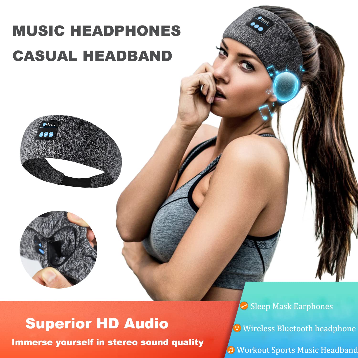 Sleep Headphones Bluetooth Headband Wireless Sports Earphones, Sleeping Headphone with Ultra-Thin HD Stereo Speakers Long Time Play Headset for Side Sleepers Workout Running Yoga Travel Gifts