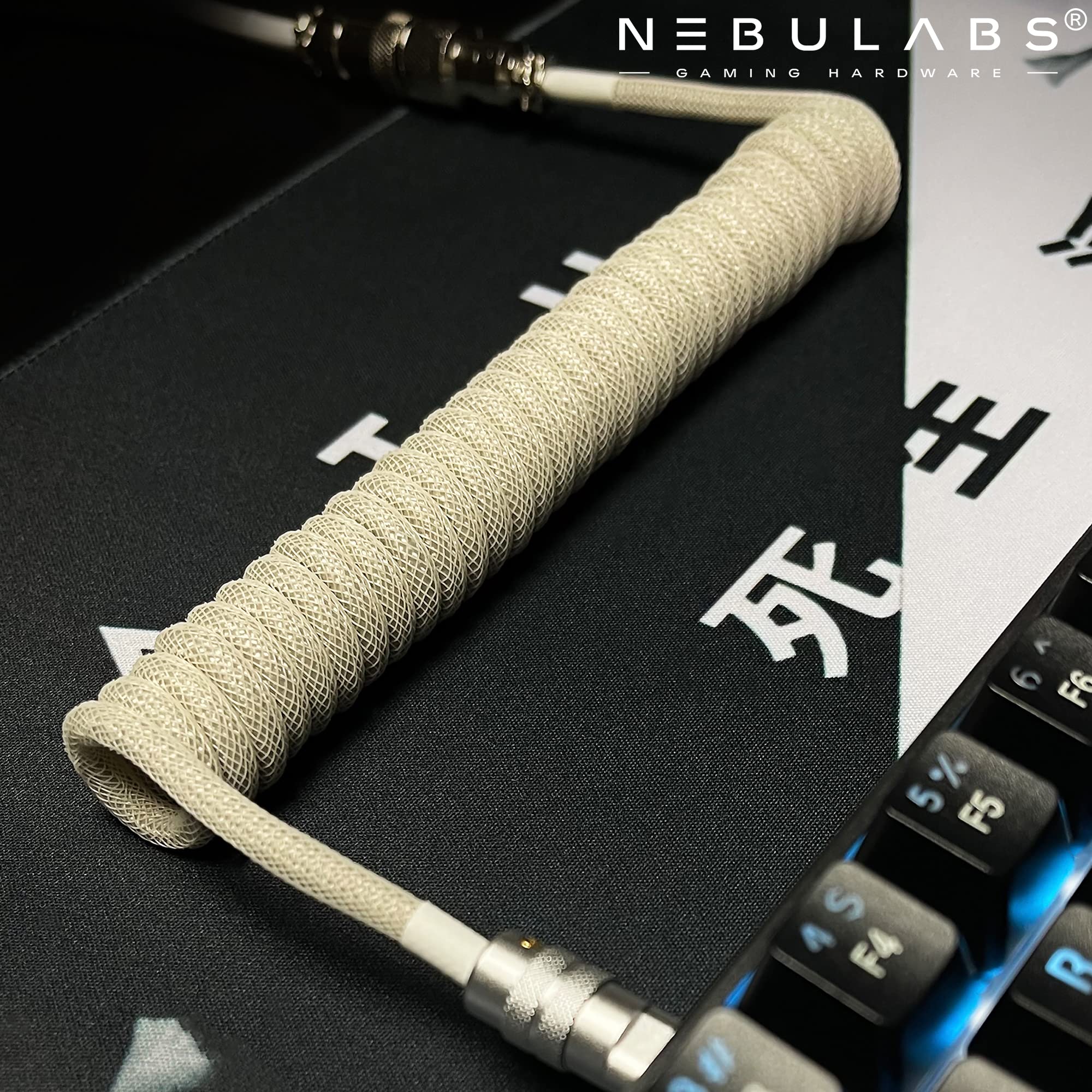 Nebulabs 5ft Keyboard Cable Gaming PC's Mechanical Aviator Classic Coiled Cable USB-C Cable, Customized Plug with Detachable Connector, USB-C GX-16 Mod Pro USB-A to USB-C - Beige