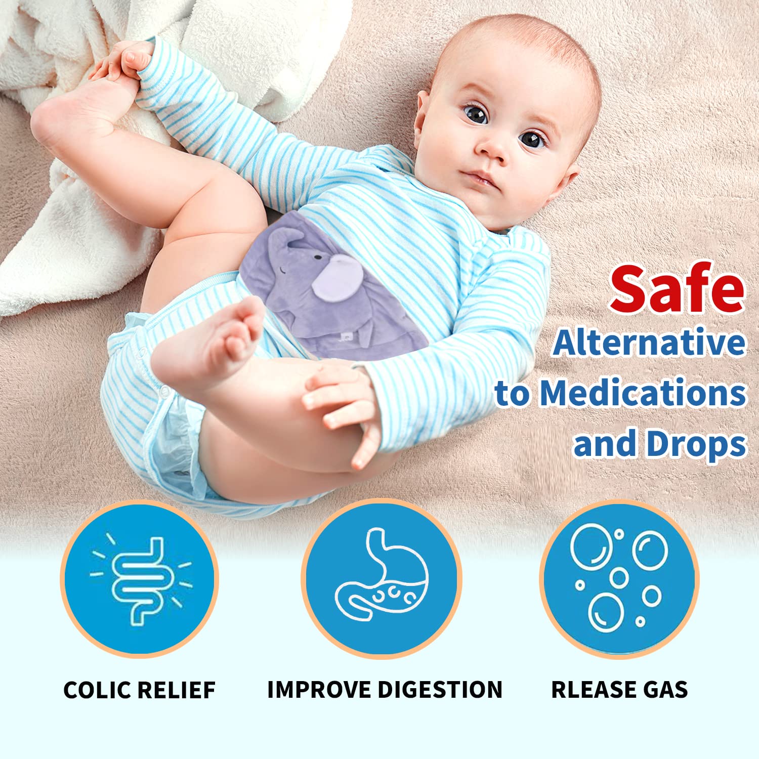 Baby Colic and Gas Relief, Heated Tummy Wrap for Newborns Belly Relief by Soothing Warmth, Baby Heating Pad Swaddling Belt Relief & Soothe Gas, Colic and Upset Stomach (Elephant)