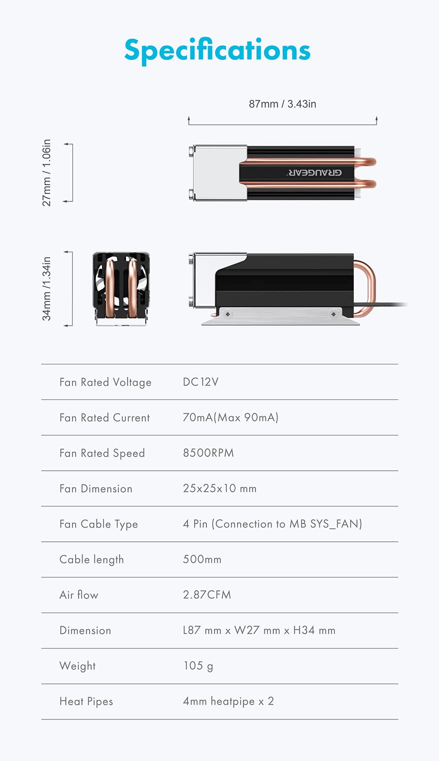 GRAUGEAR M.2 2280 SSD Heatsink, Direct-Touch Heat of Dual Copper Heat Pipes, 25mm Cooling Fan Built-in PWM Control, Aluminum Plate-Fin Design, Thermal Pads incl., 1.34 in Height [G-M2HS03-F]