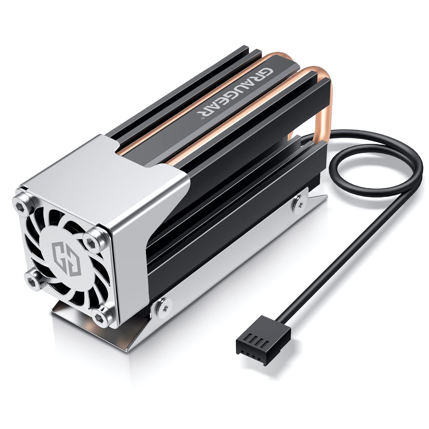 GRAUGEAR M.2 2280 SSD Heatsink, Direct-Touch Heat of Dual Copper Heat Pipes, 25mm Cooling Fan Built-in PWM Control, Aluminum Plate-Fin Design, Thermal Pads incl., 1.34 in Height [G-M2HS03-F]