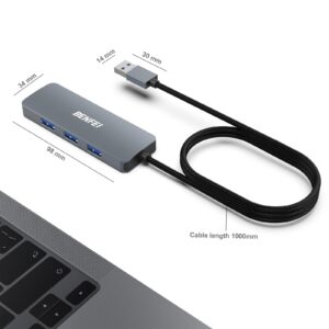 BENFEI USB Hub, Ultra-Slim USB 3.0 Hub USB 4 Ports with 1 Meter Cable Compatible for MacBook, Mac Pro, Mac Mini, iMac, Surface Pro, XPS, PC, Flash Drive, Mobile HDD[Aluminium Shell&Nylon Cable]