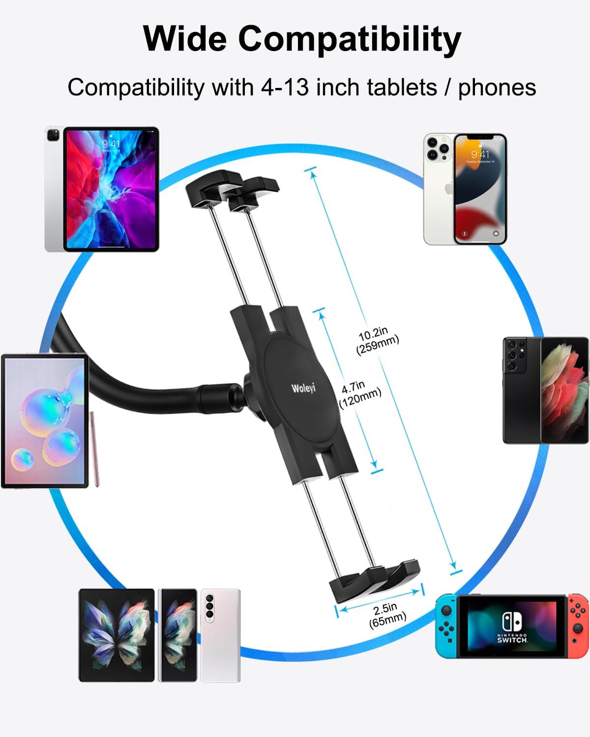 woleyi Tablet Holder for Car Dashboard Windshield [Gooseneck Long Arm] Suction Cup iPad Holder for Car, Car Tablet Mount Compatible with iPad Pro Air Mini, Galaxy Tabs, Cell Phones, 4.7-13" Devices