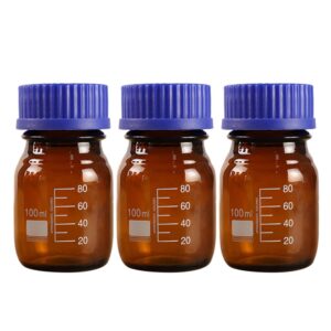 100ml storage glass bottles with cap - 3pcs round media storage bottles amber graduated lab reagent container for lab scientific glassware classrooms home