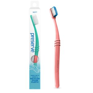 preserve ocean plastic initiative (popi) adult toothbrush, made in usa from recycled ocean plastic, coral, soft, 1 count