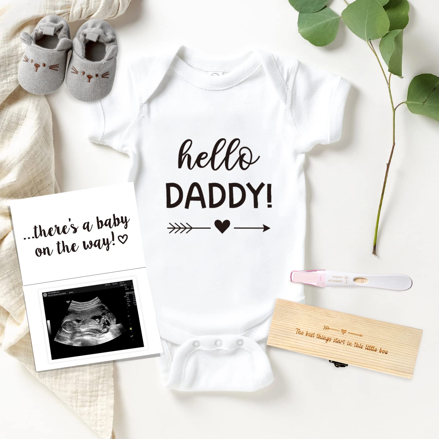 Pregnancy Announcement for Dad - Hello Daddy Baby Onesie, Baby Shoes, Pregnancy Test Keepsake Box, Pregnancy Reveal Card - Surprise Baby Announcement Gifts Set for Husband Partner