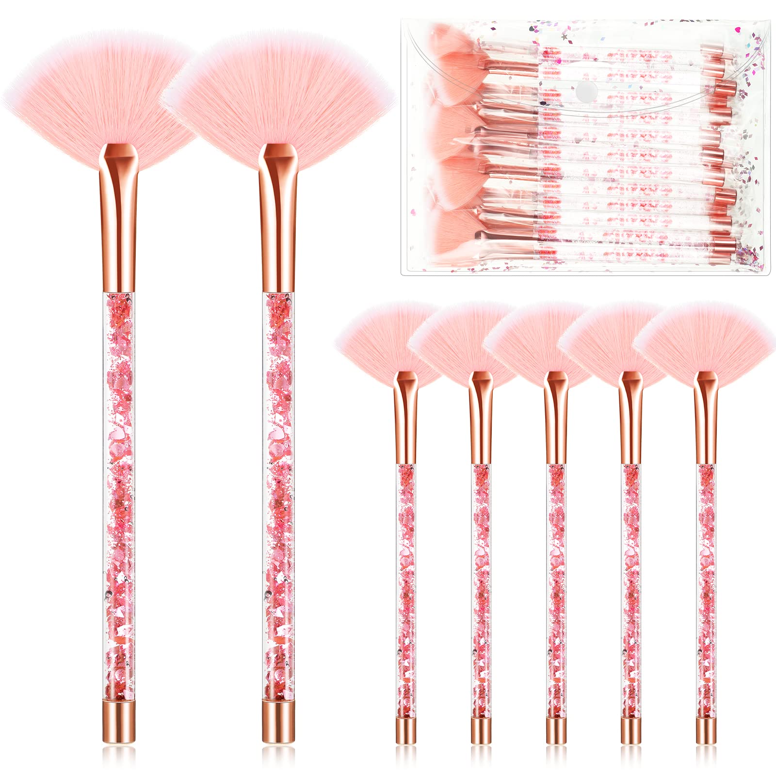 12 Pcs Fan Brushes for Facial Mask Brushes with Glitter Quicksand Handle Cosmetic Facial Fan Brushes Soft Facial Mask Brush Applicator Facial Peel Applicator Face Mask Tools with Pouch (Pink)