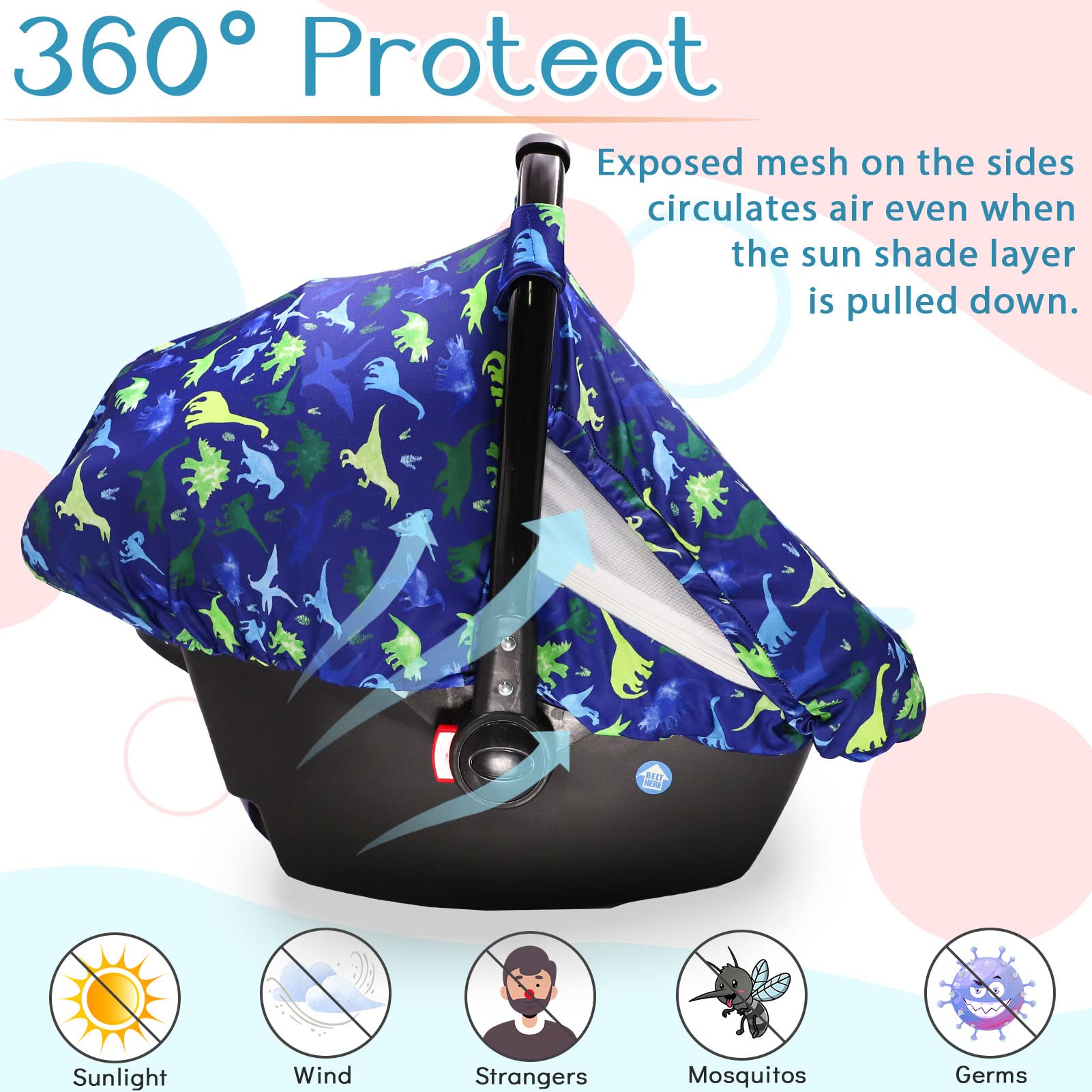 Car Seat Cover for Babies, Summer Cozy Cover, Privacy Carseat Canopy Protect Boys Girls, Breathable Comfortable, Dinosaur