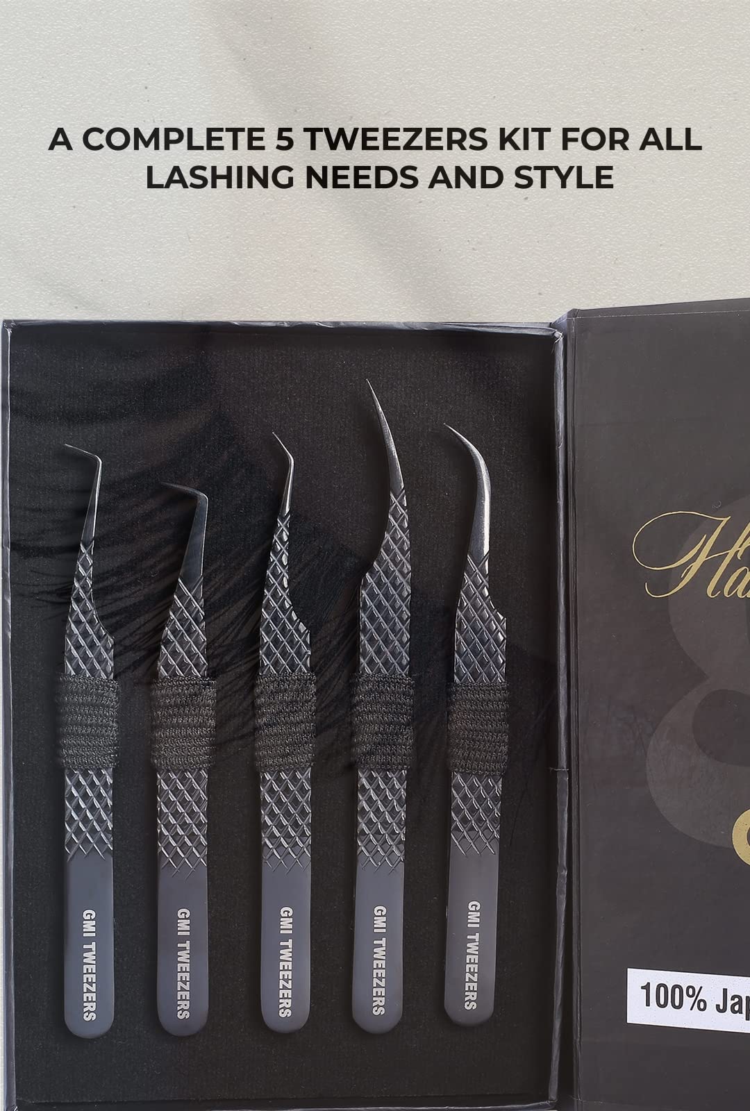 GMI Lash Tweezers - Set of 5 Eyelash Tweezers- Stainless Steel Eyelash Extension Tweezers - Multipurpose Lash Tweezers for Eyelash Extensions for Individual. (Black)