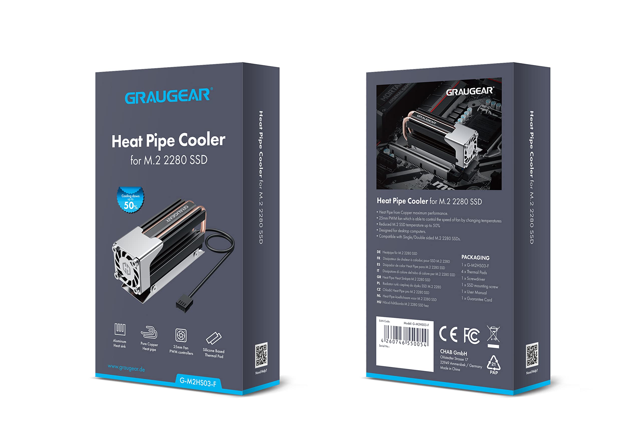 GRAUGEAR M.2 2280 SSD Heatsink, Direct-Touch Heat of Dual Copper Heat Pipes, 25mm Cooling Fan Built-in PWM Control, Aluminum Plate-Fin Design, Thermal Pads incl., 1.34 in Height [G-M2HS03-F]