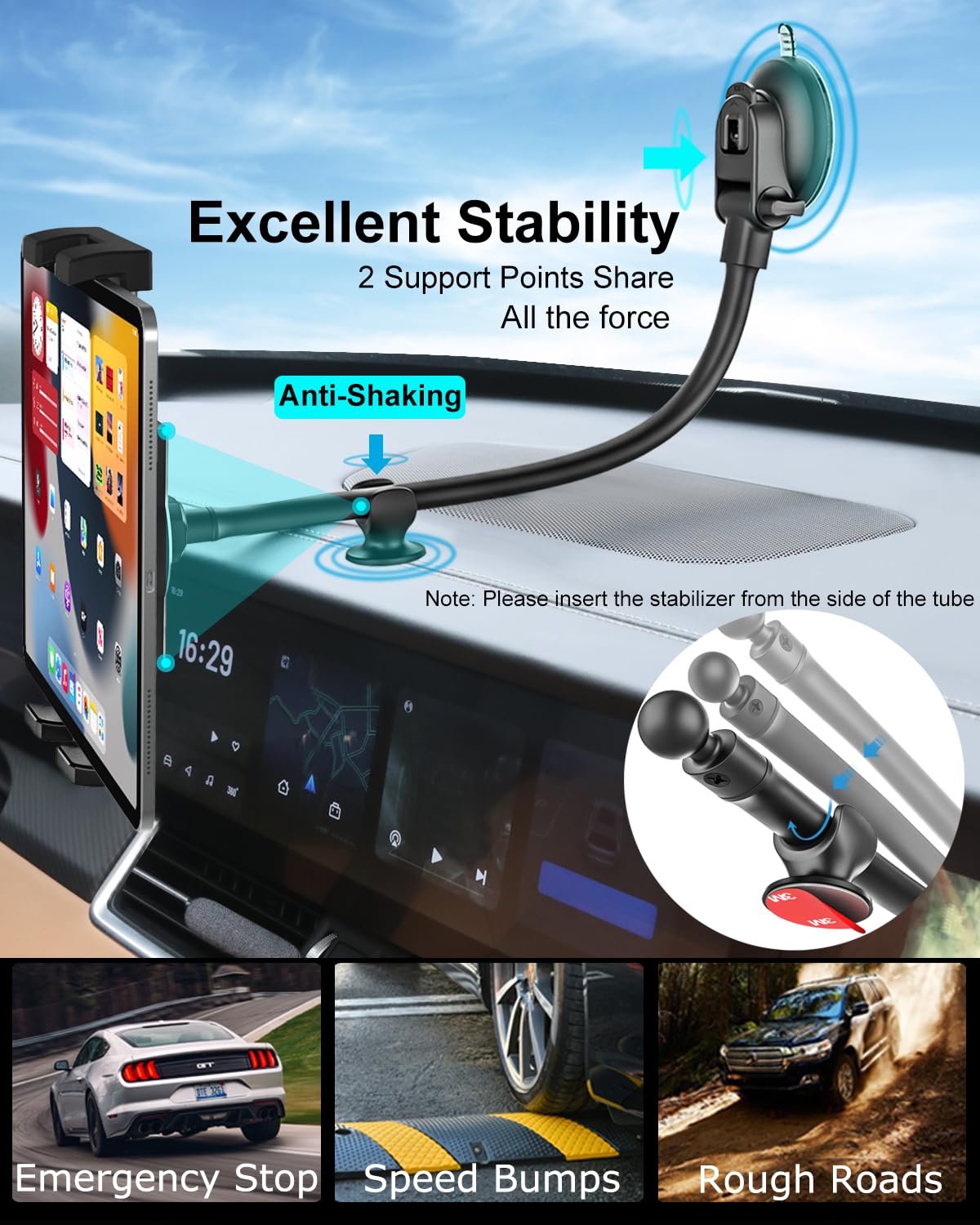 woleyi Tablet Holder for Car Dashboard Windshield [Gooseneck Long Arm] Suction Cup iPad Holder for Car, Car Tablet Mount Compatible with iPad Pro Air Mini, Galaxy Tabs, Cell Phones, 4.7-13" Devices