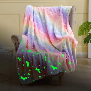 unicorn glow in the dark blanket unicorns gifts for girls 60"x50" luminous rainbow pink unicorn blanket valentine easter christmas birthday gifts for girls 1-12 year old baby toddler kid magic blanket