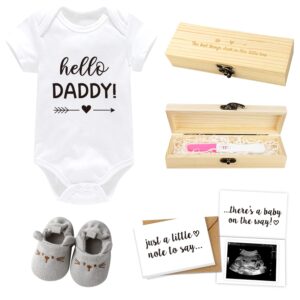 pregnancy announcement for dad - hello daddy baby onesie, baby shoes, pregnancy test keepsake box, pregnancy reveal card - surprise baby announcement gifts set for husband partner