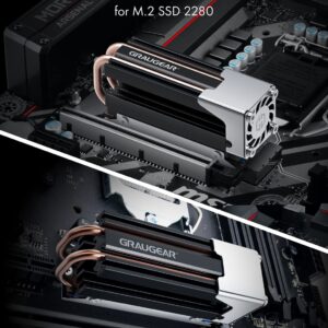 GRAUGEAR M.2 2280 SSD Heatsink, Direct-Touch Heat of Dual Copper Heat Pipes, 25mm Cooling Fan Built-in PWM Control, Aluminum Plate-Fin Design, Thermal Pads incl., 1.34 in Height [G-M2HS03-F]