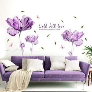 prabahdak flowers wall sticker watercolor purple floral wall decal diy butterfly flower art decor stickers floral quotes saying wall decals mural for nursery bedroom kids room