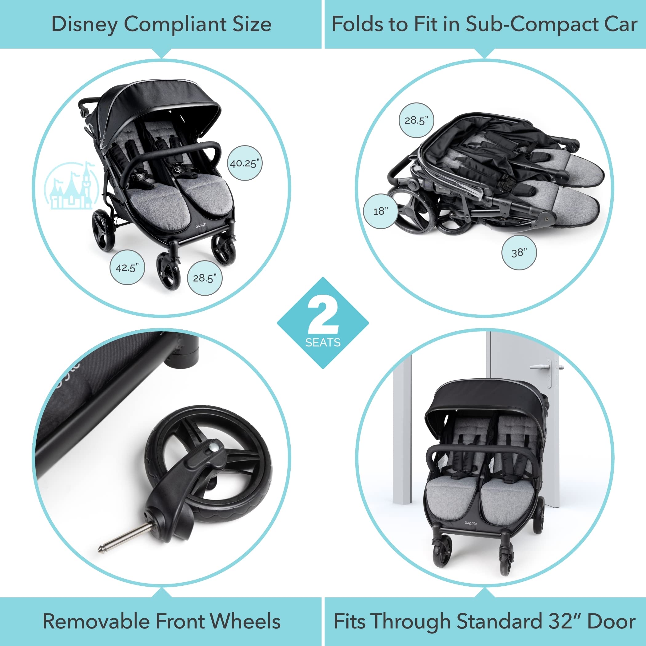 Gaggle by Foundations Roadster Duo Side by Side Double Stroller, Easy to Fold & Maneuver Lightweight Compact Stroller, Black