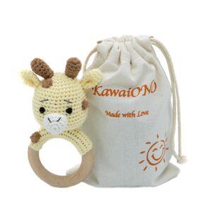 kawaiono handmade cotton crochet amigurumi giraffe rattler with wooden handle - perfect baby stuff for learning and fun, ideal stuffed animals for infants, toddlers - unique baby boy stuff