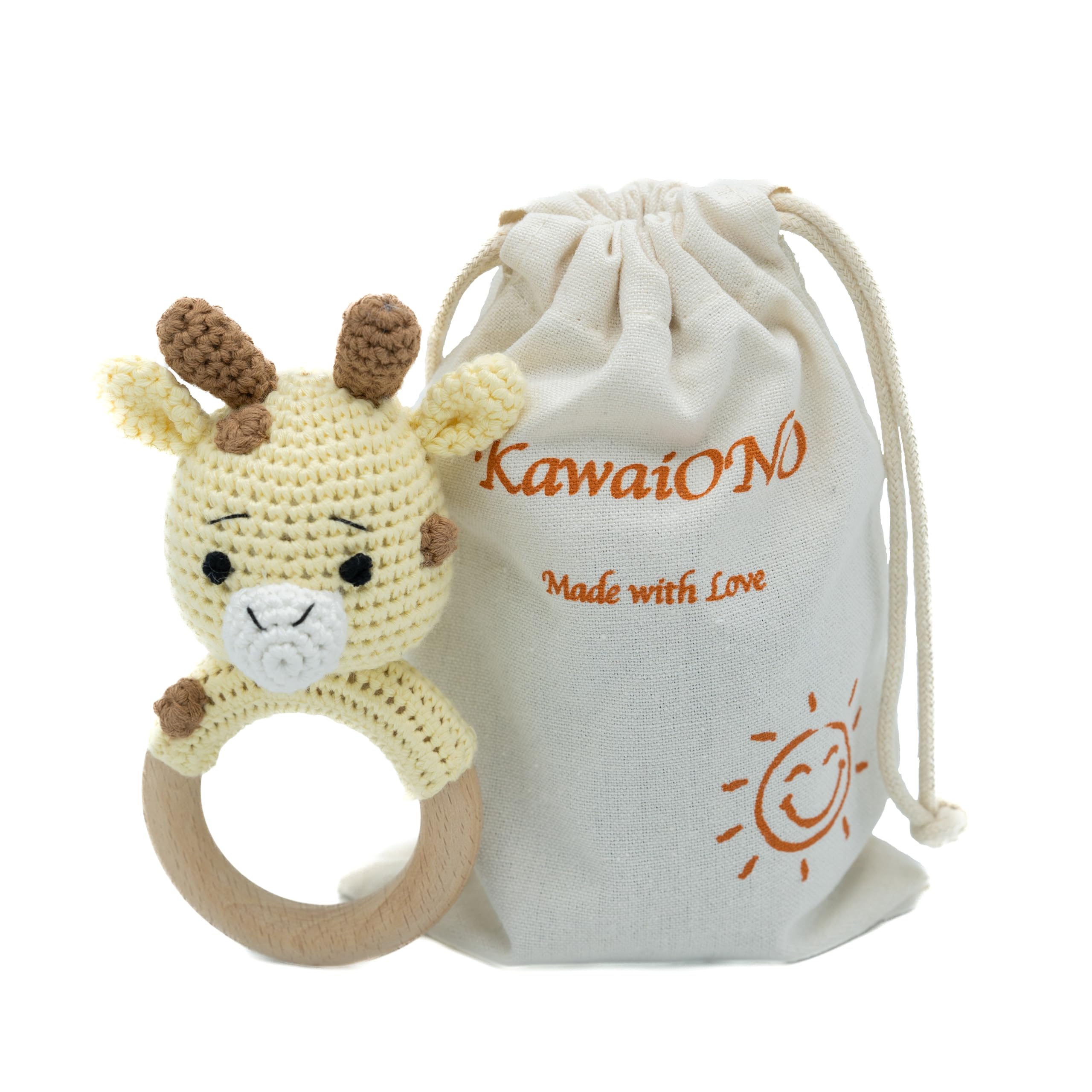 KawaiOnO Handmade Cotton Crochet Amigurumi Giraffe Rattler with Wooden Handle - Perfect Baby Stuff for Learning and Fun, Ideal Stuffed Animals for Infants, Toddlers - Unique Baby Boy Stuff