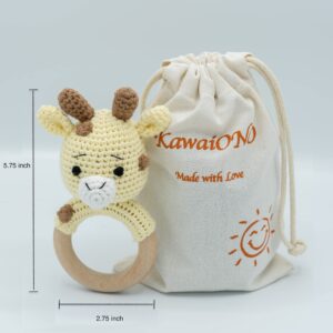 KawaiOnO Handmade Cotton Crochet Amigurumi Giraffe Rattler with Wooden Handle - Perfect Baby Stuff for Learning and Fun, Ideal Stuffed Animals for Infants, Toddlers - Unique Baby Boy Stuff