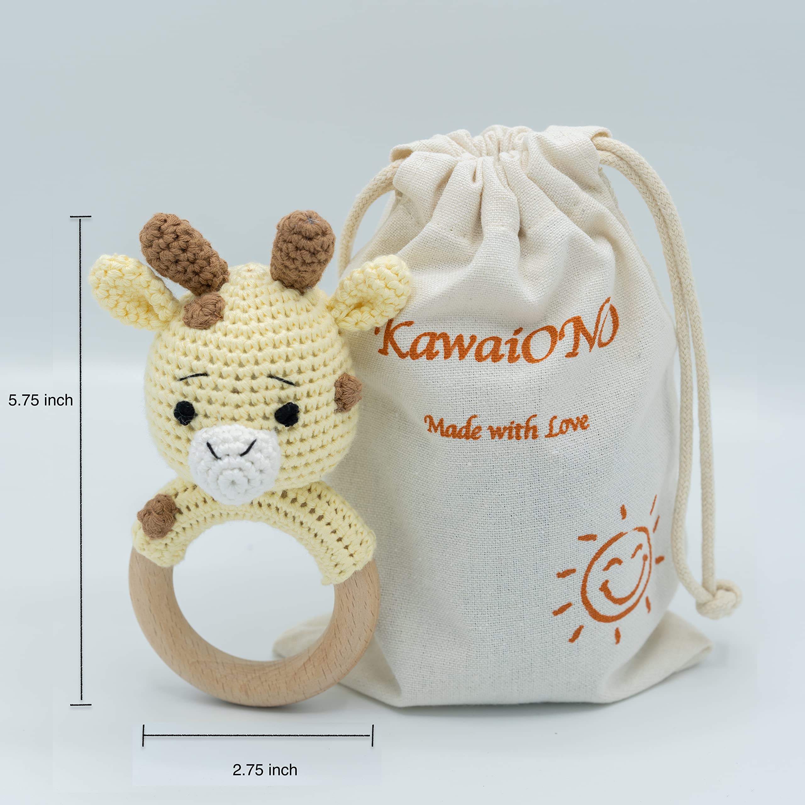 KawaiOnO Handmade Cotton Crochet Amigurumi Giraffe Rattler with Wooden Handle - Perfect Baby Stuff for Learning and Fun, Ideal Stuffed Animals for Infants, Toddlers - Unique Baby Boy Stuff