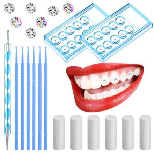 61 pcs tooth gem kit diy teeth jewelry dental teeth gems reflective teeth diamonds kit artificial crystal tooth ornaments jewel with applicator sticks dot drill pen cotton sticks(white,colorful,blue)