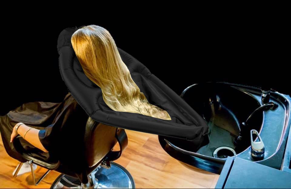 Inflatable Shampoo Funnel Cape for Washing Hair in Any Chair and Basin. Black Portable Tray Device to Use in Salon, at Home, Nursing Home or Hospital to Help Keep Clothes Dry! Pump Included!