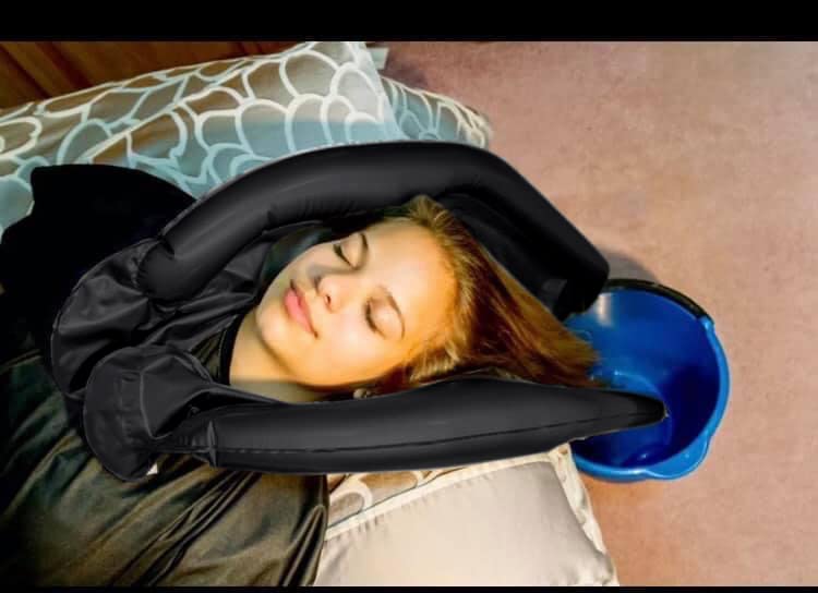 Inflatable Shampoo Funnel Cape for Washing Hair in Any Chair and Basin. Black Portable Tray Device to Use in Salon, at Home, Nursing Home or Hospital to Help Keep Clothes Dry! Pump Included!