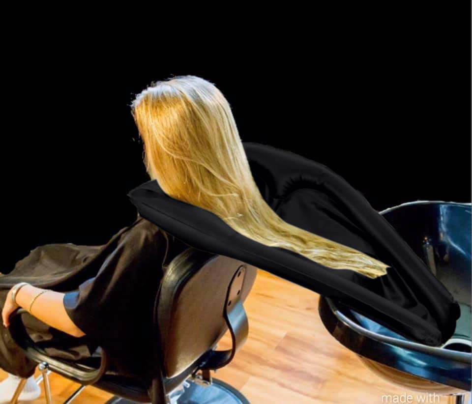 Inflatable Shampoo Funnel Cape for Washing Hair in Any Chair and Basin. Black Portable Tray Device to Use in Salon, at Home, Nursing Home or Hospital to Help Keep Clothes Dry! Pump Included!