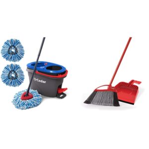 o-cedar easywring rinseclean microfiber spin mop & bucket floor cleaning system with 2 extra refills and pet pro broom & step-on dustpan powercorner, red