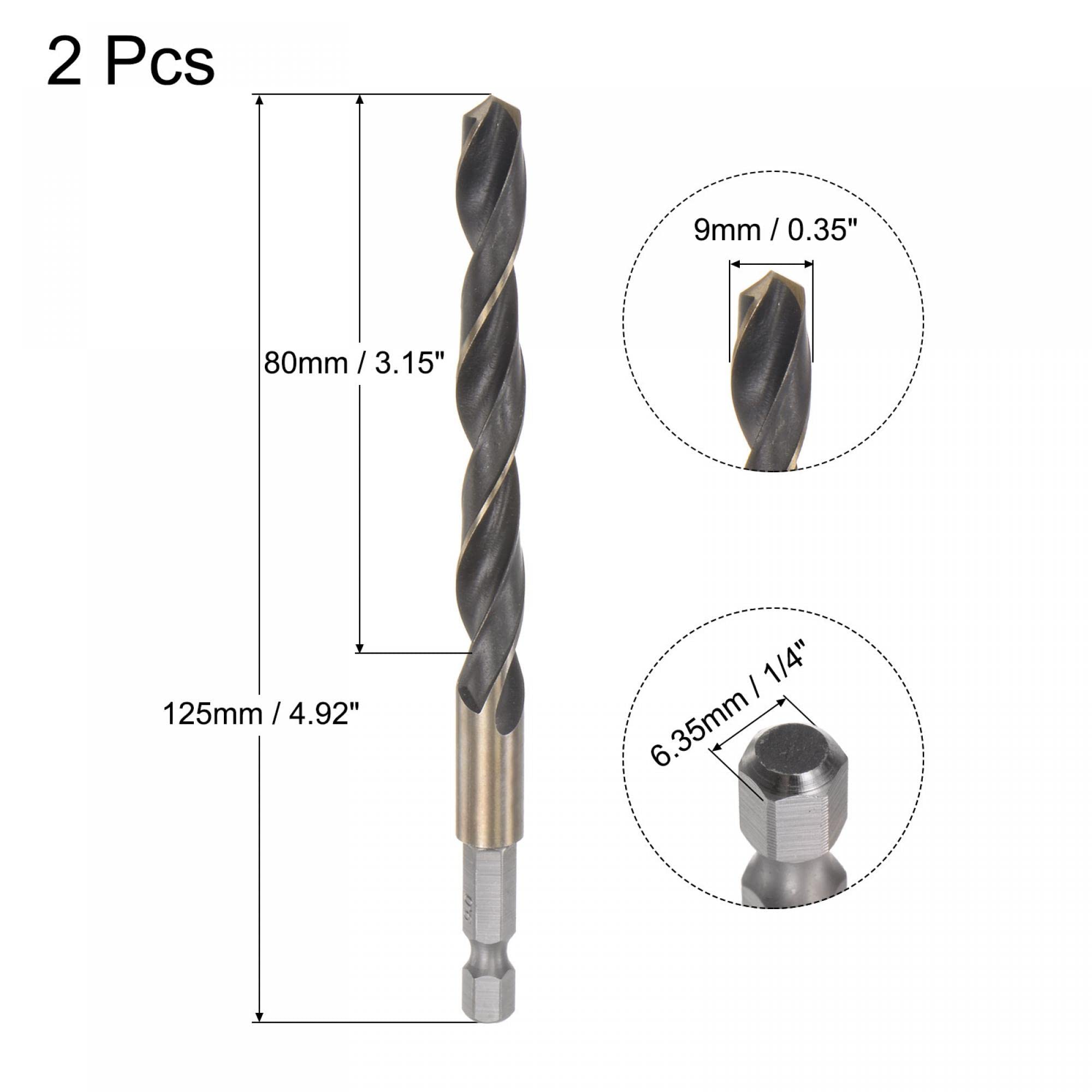 uxcell 2 Pcs High Speed Steel Hex Shank Twist Drill Bit, 9mm Drilling Dia with 1/4 Inch Hex Shank 125mm Length