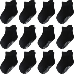 aroveea non slip grip ankle baby socks 1-3 years old black for toddler boys and girls kids socks 12 pack,infant cute cotton baby socks