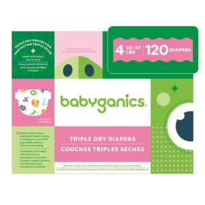 babyganics size 4, 120 count, absorbent, breathable, triple dry protection diapers