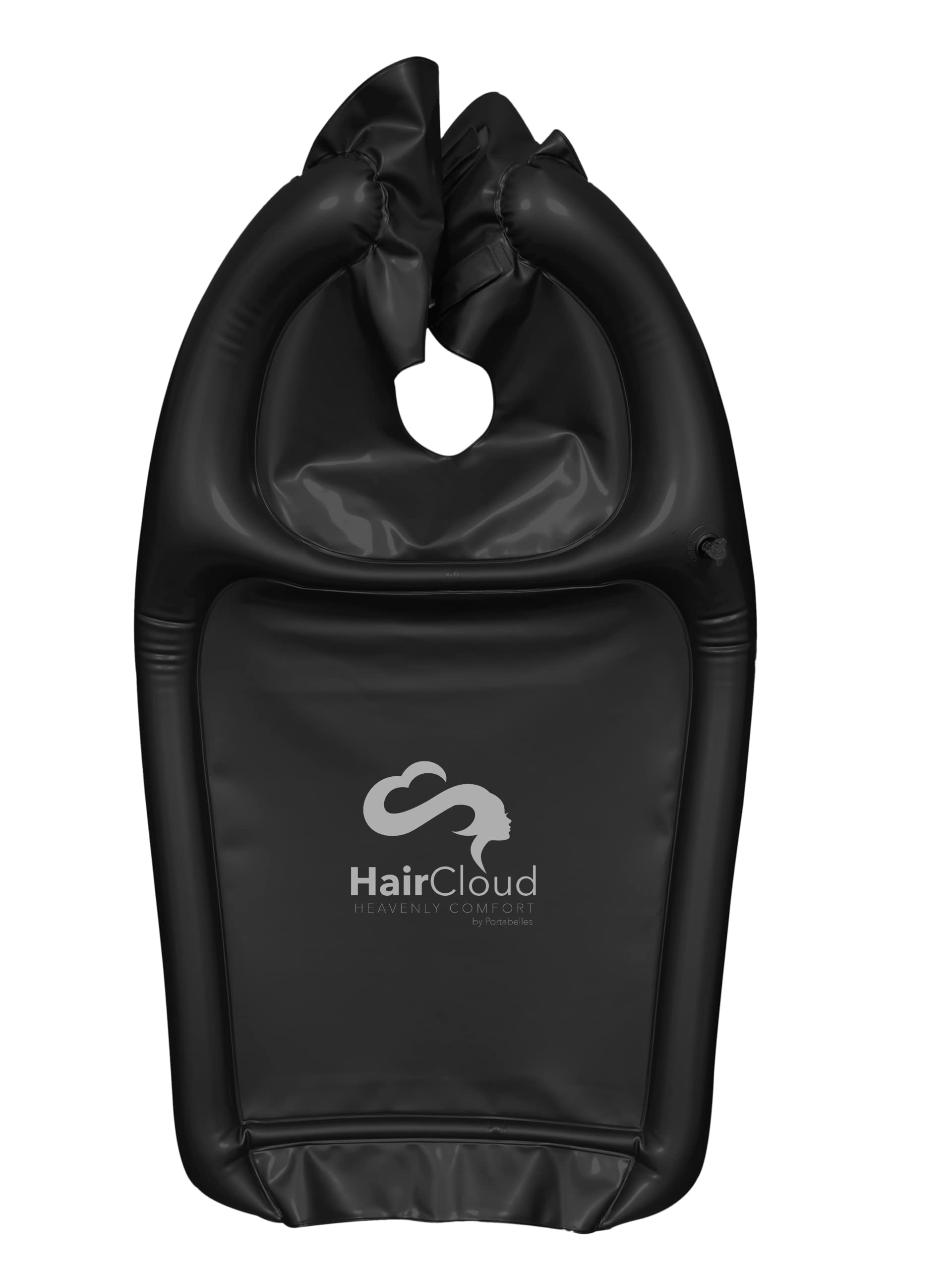 Inflatable Shampoo Funnel Cape for Washing Hair in Any Chair and Basin. Black Portable Tray Device to Use in Salon, at Home, Nursing Home or Hospital to Help Keep Clothes Dry! Pump Included!